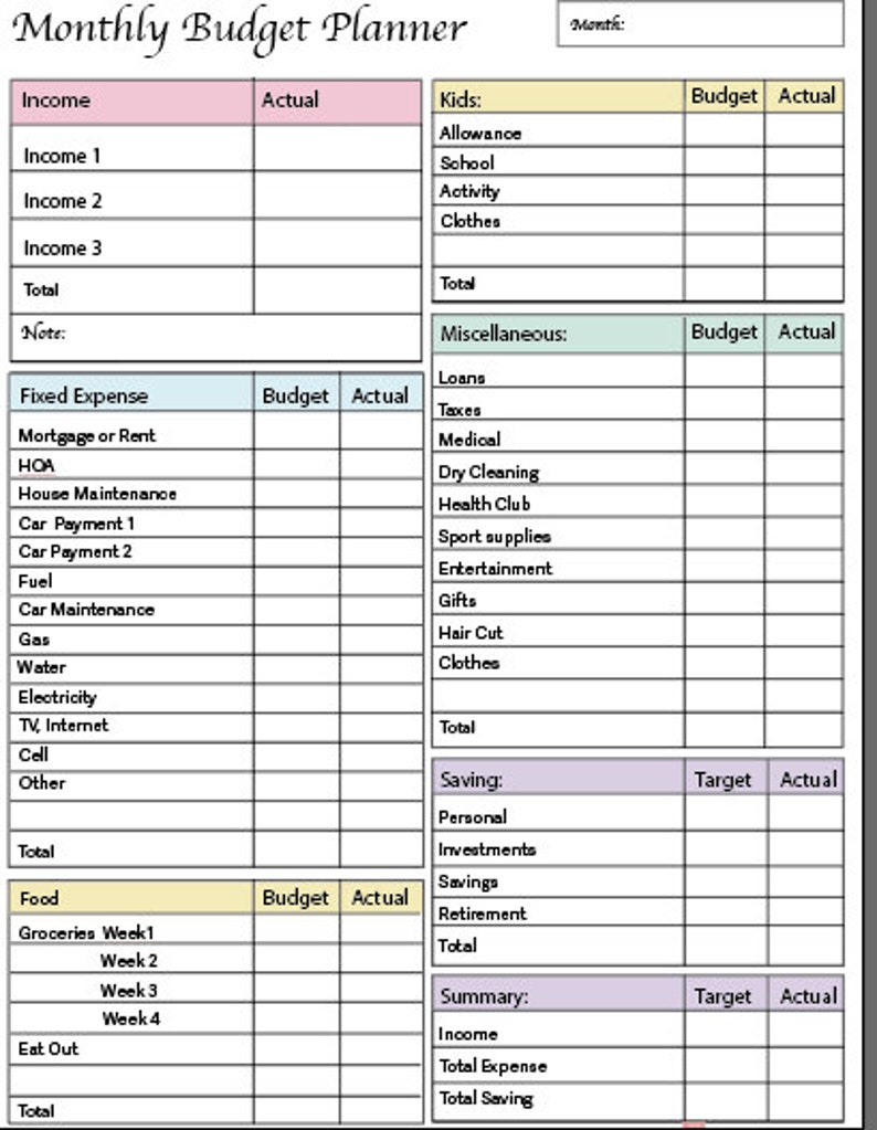 MONTHLY Budget, Printable, Budget Planner, Template, Budget Planner ...