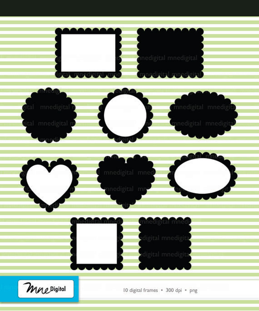Black Digital Scalloped Frames Printable Instant Digital Download PNG ...