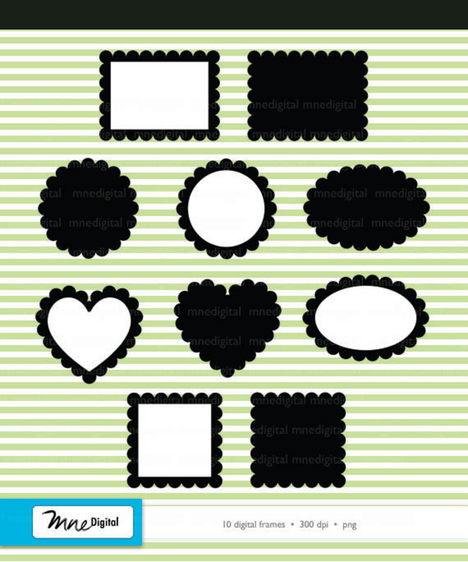 Black Digital Scalloped Frames Printable Instant Digital Download PNG ...