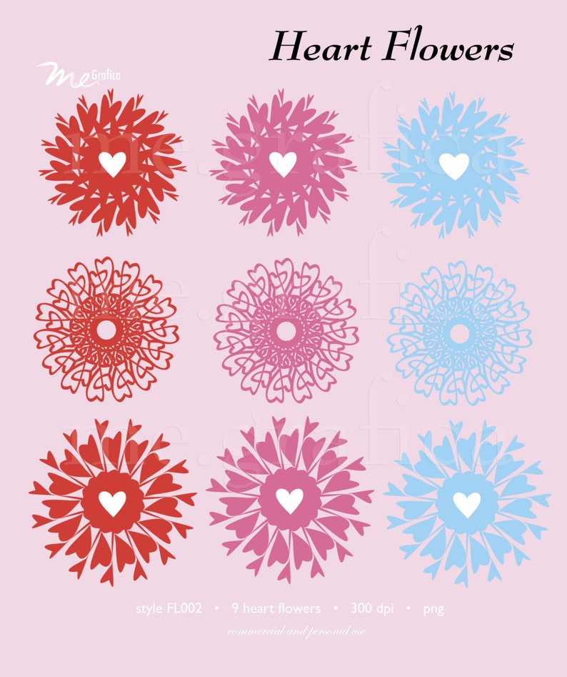 Digital Hearts Bundle PNG, Heart Flowers Clip Art, Heart Instant ...