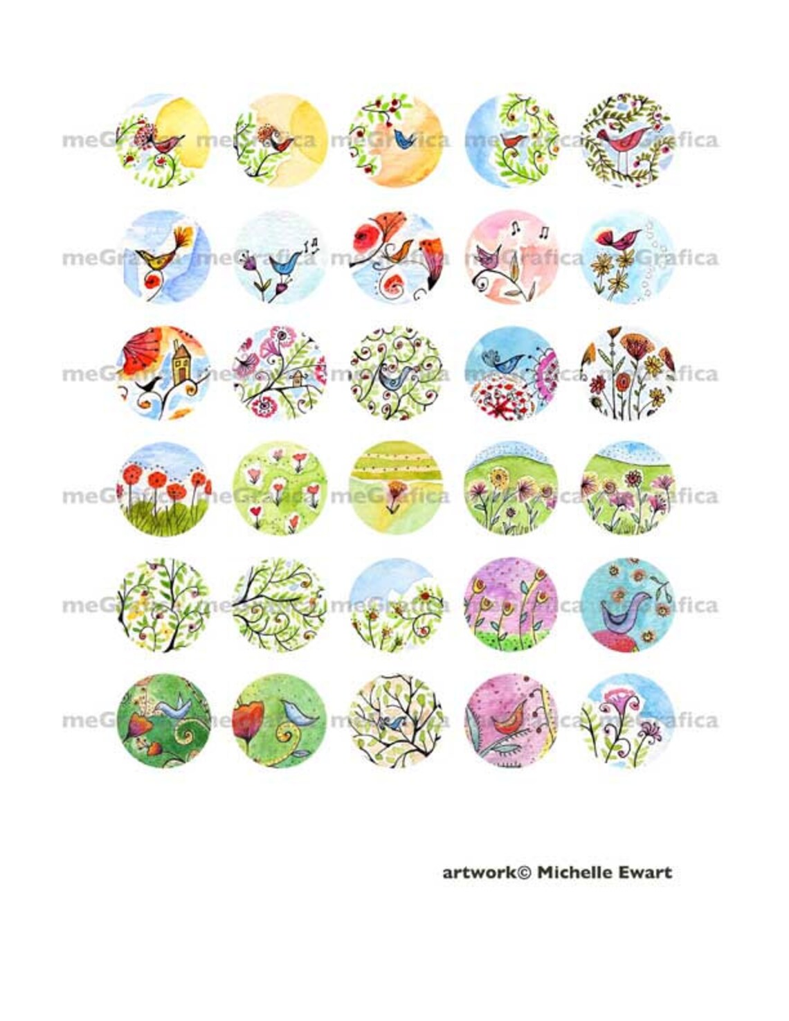 1 Inch Circles Digital Collage Sheet Bird and Flowers | Etsy