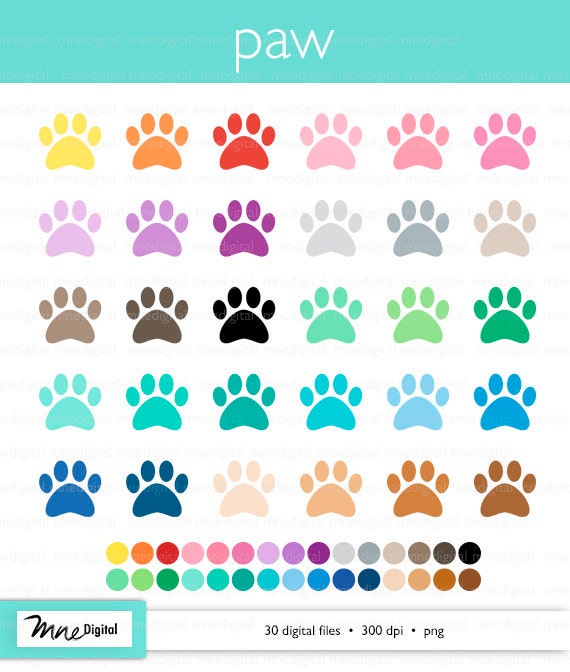 Digital Paw, Paw Clipart, Printable, Multiple Colors, 30 Colors ...