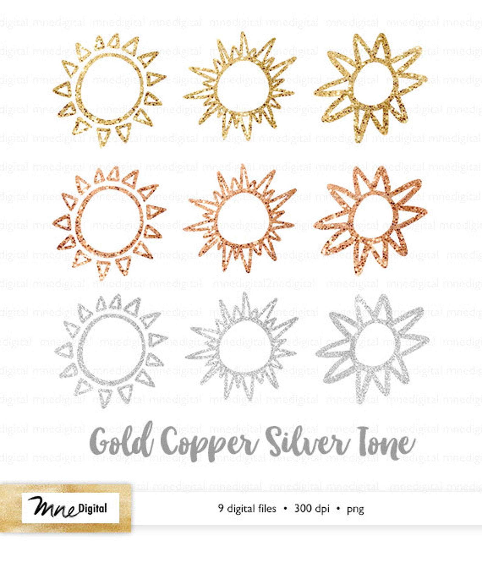 Gold Copper Silver Sun Clipart Art, Digital Gold Copper Silver Sun ...