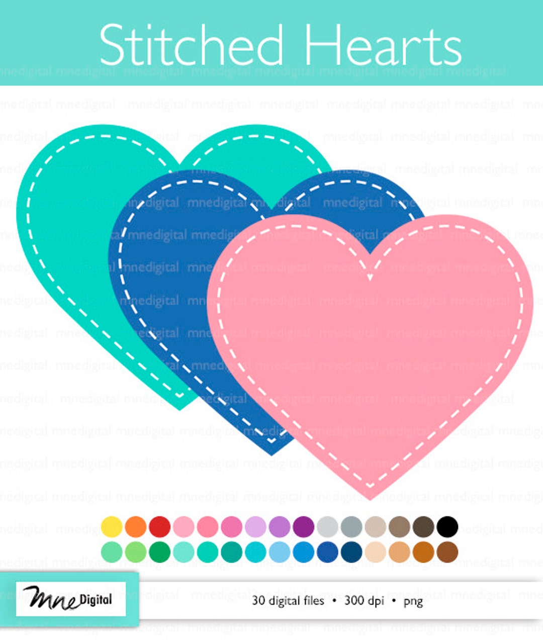 Digital Heart Clipart, Stitched Hearts, Multiple Colors, 30 Colors ...
