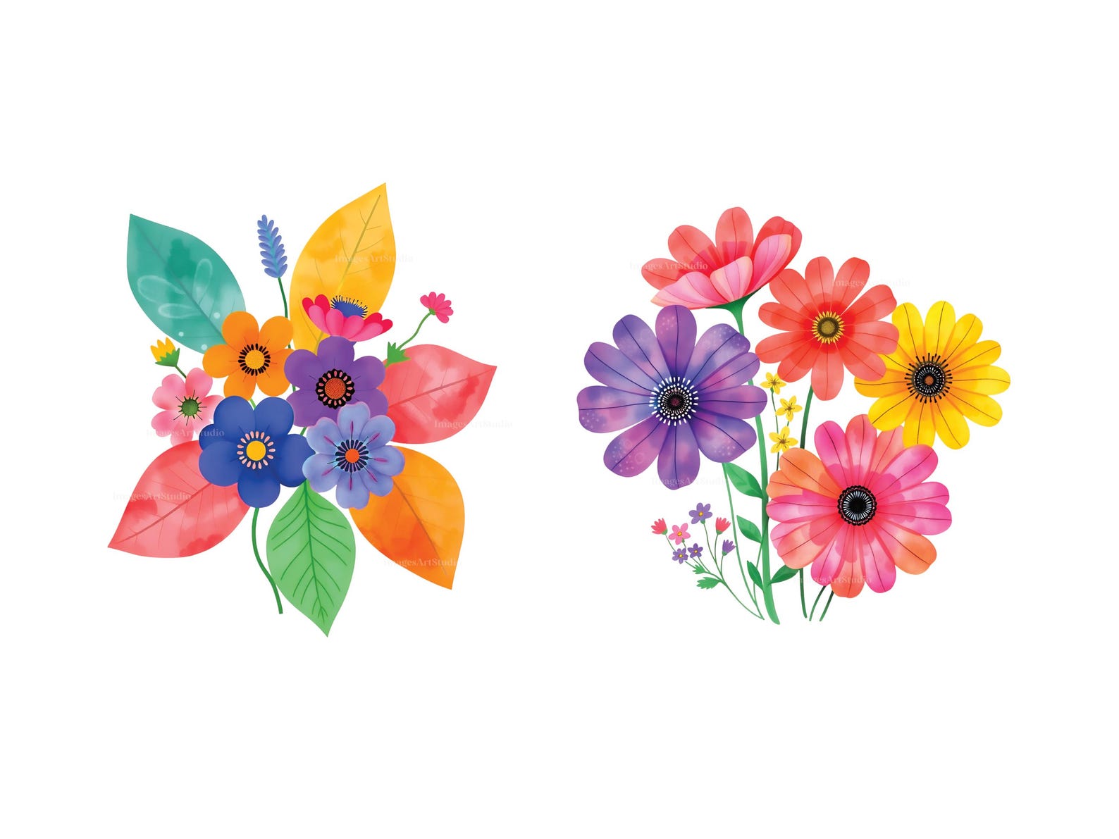 8 Flowers Clipart, Artsy Clipart Flowers, Quirky Colorful Flowers Clip ...