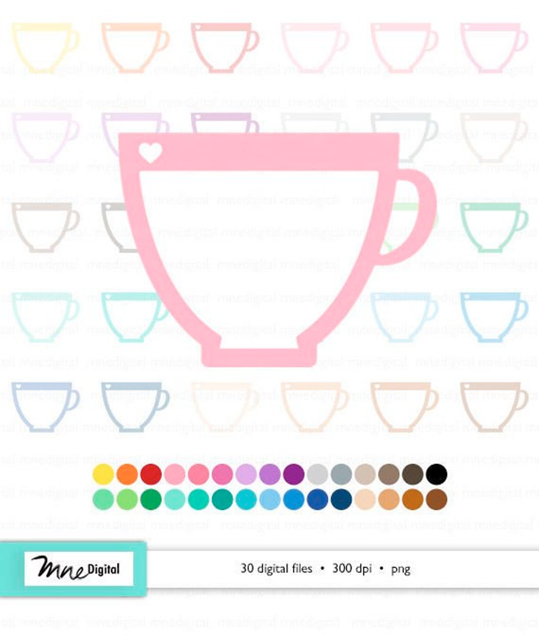 Digital Teacup Printable, Tea Cup, Heart Tea, Rainbow Colors, 30 Colors ...