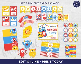 SELF EDITABLE Little Monster Birthday Decorations Package. - Etsy