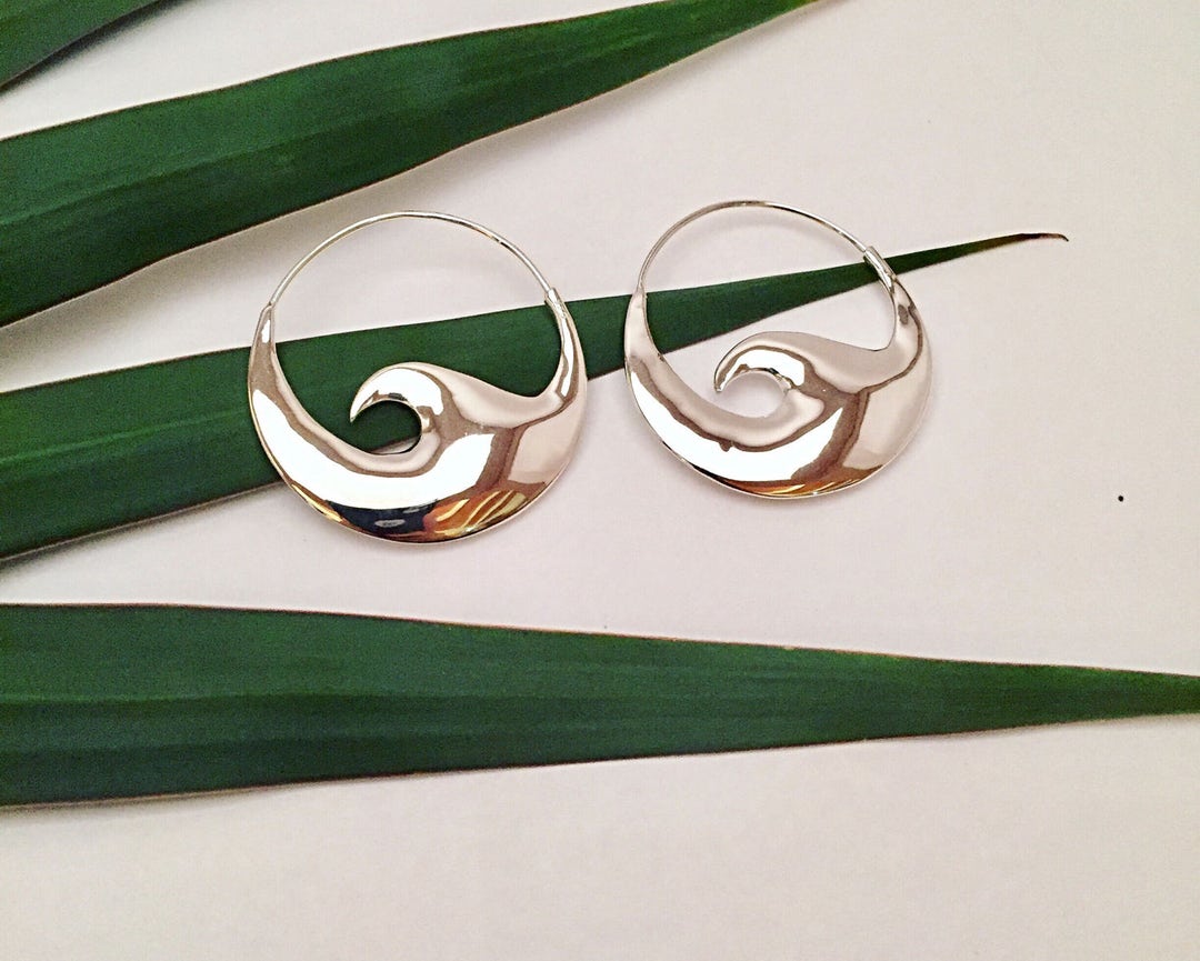 Sterling Silver Wave Circle Hoops, Unique Boho Chic Hoops, Beachy Hoops ...