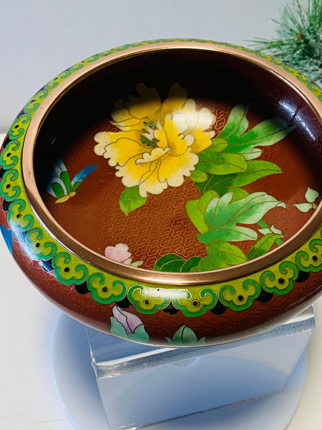 Chinese Vintage Red Enamel Cloisonne' Bowl Butterfly & Chrysanthemum ...