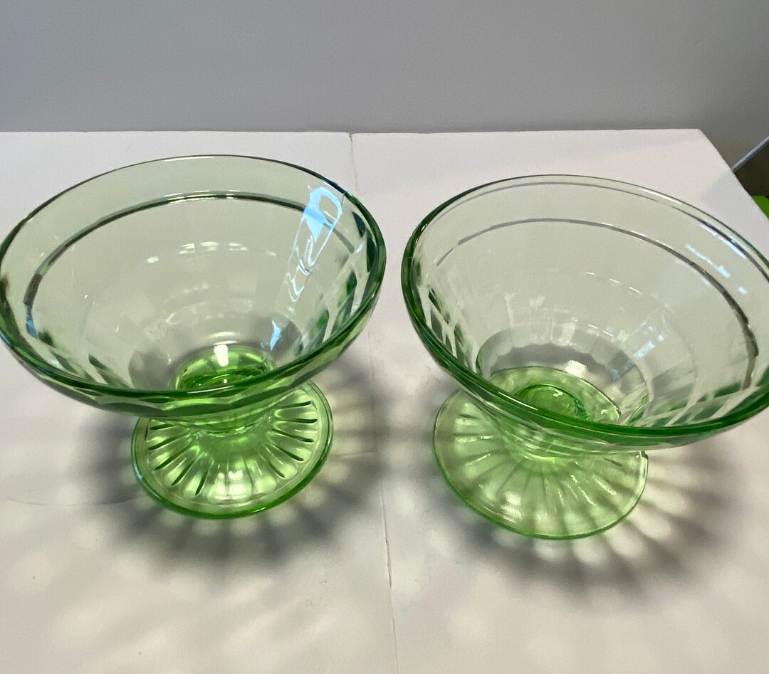 Anchor Hocking Uranium Glass Block Optic Sherbets (2) Depression Green ...