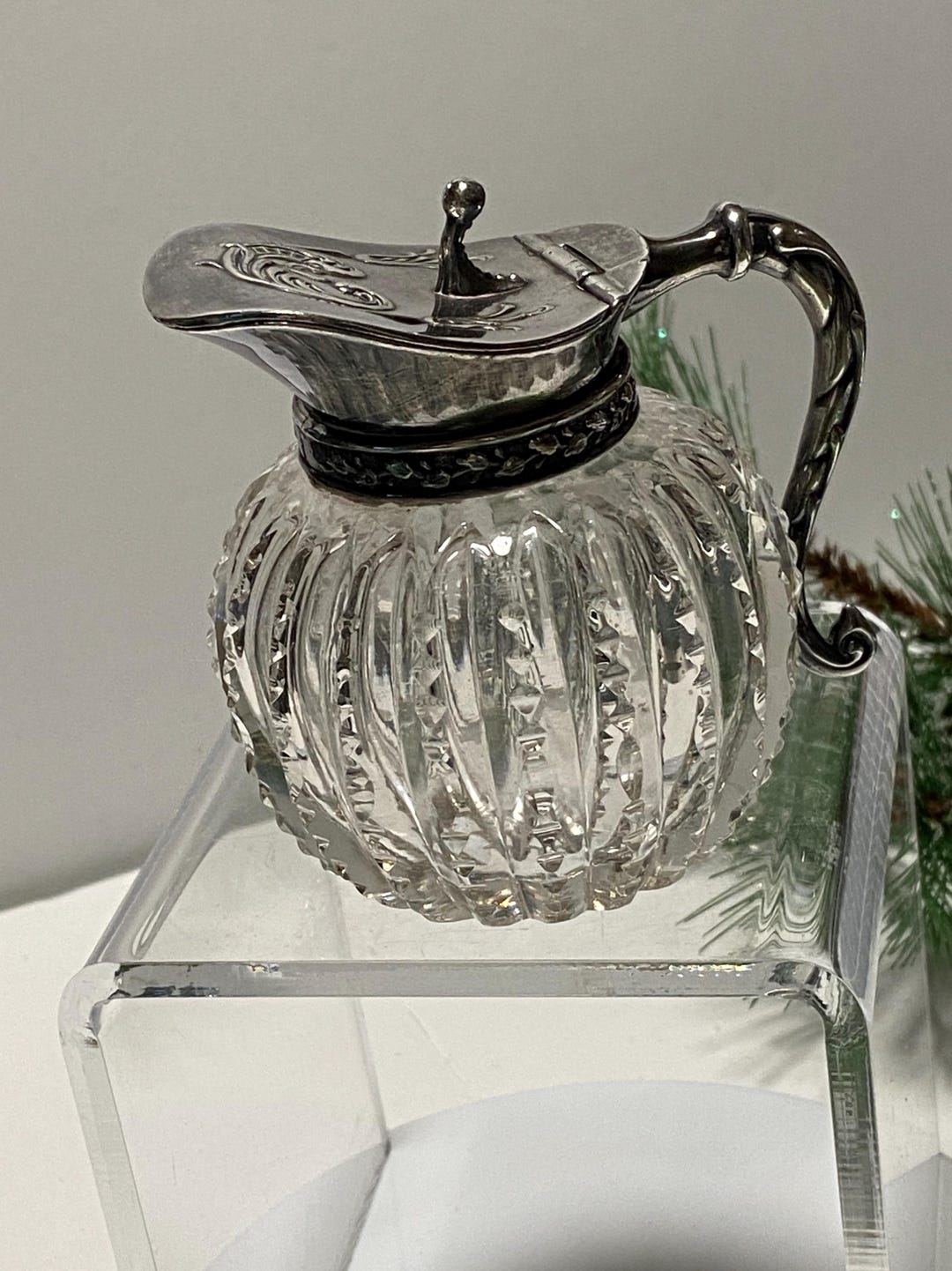 Antique Victorian Pressed Glass Zipper Syrup Pitcher Ornate Silver ...