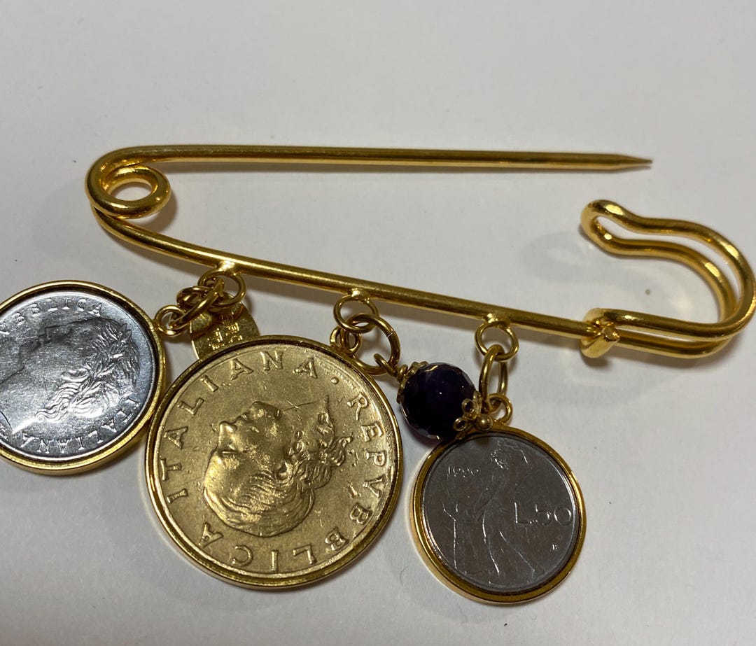 Repvbblica Italiana Coin Brooch/pin Vintage BELLEZZA 1990 L50 1992 L100 ...