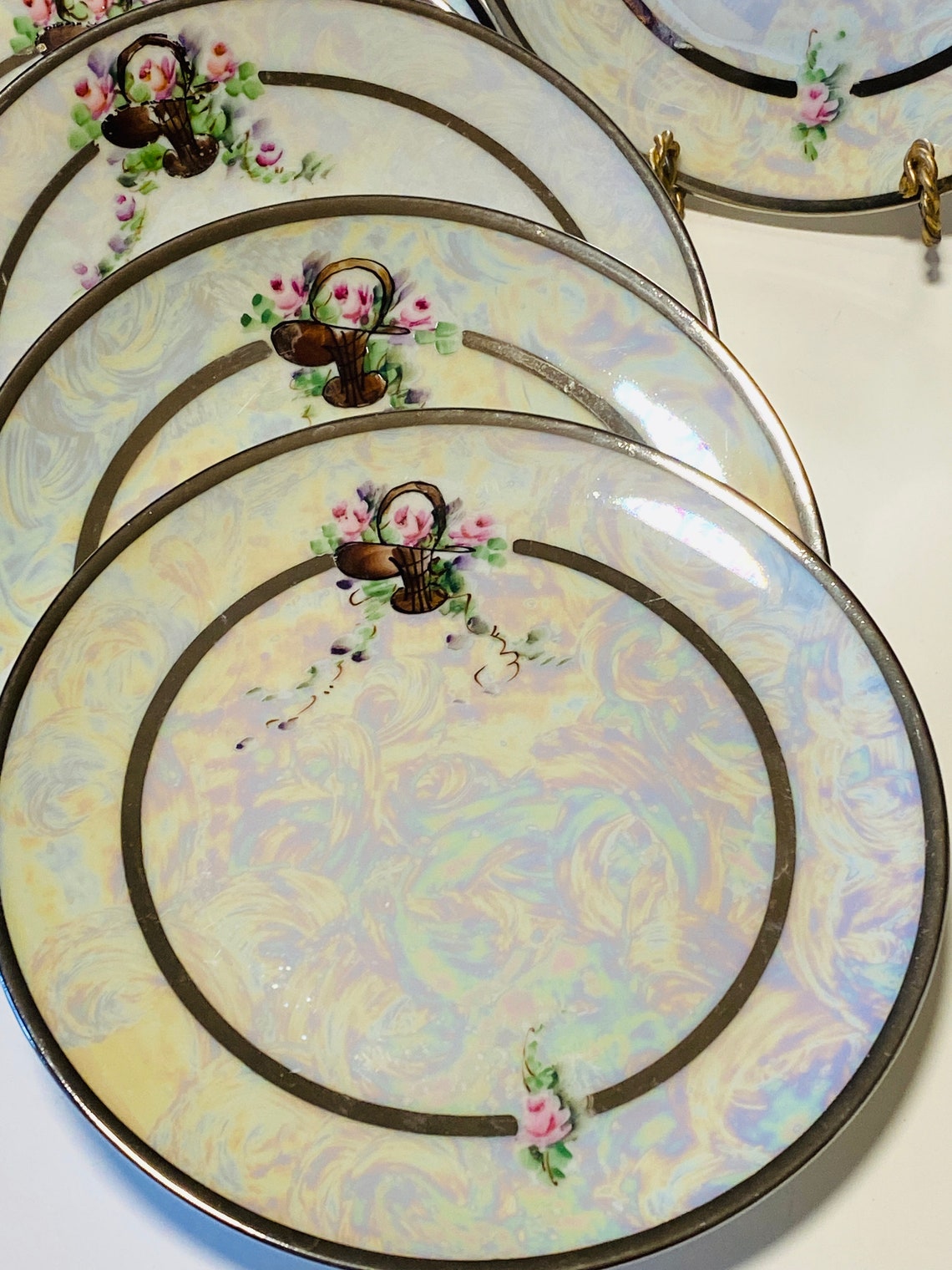 Jorgensen Hand Painted China Plates, Iridescent Luster, Brown Basket ...