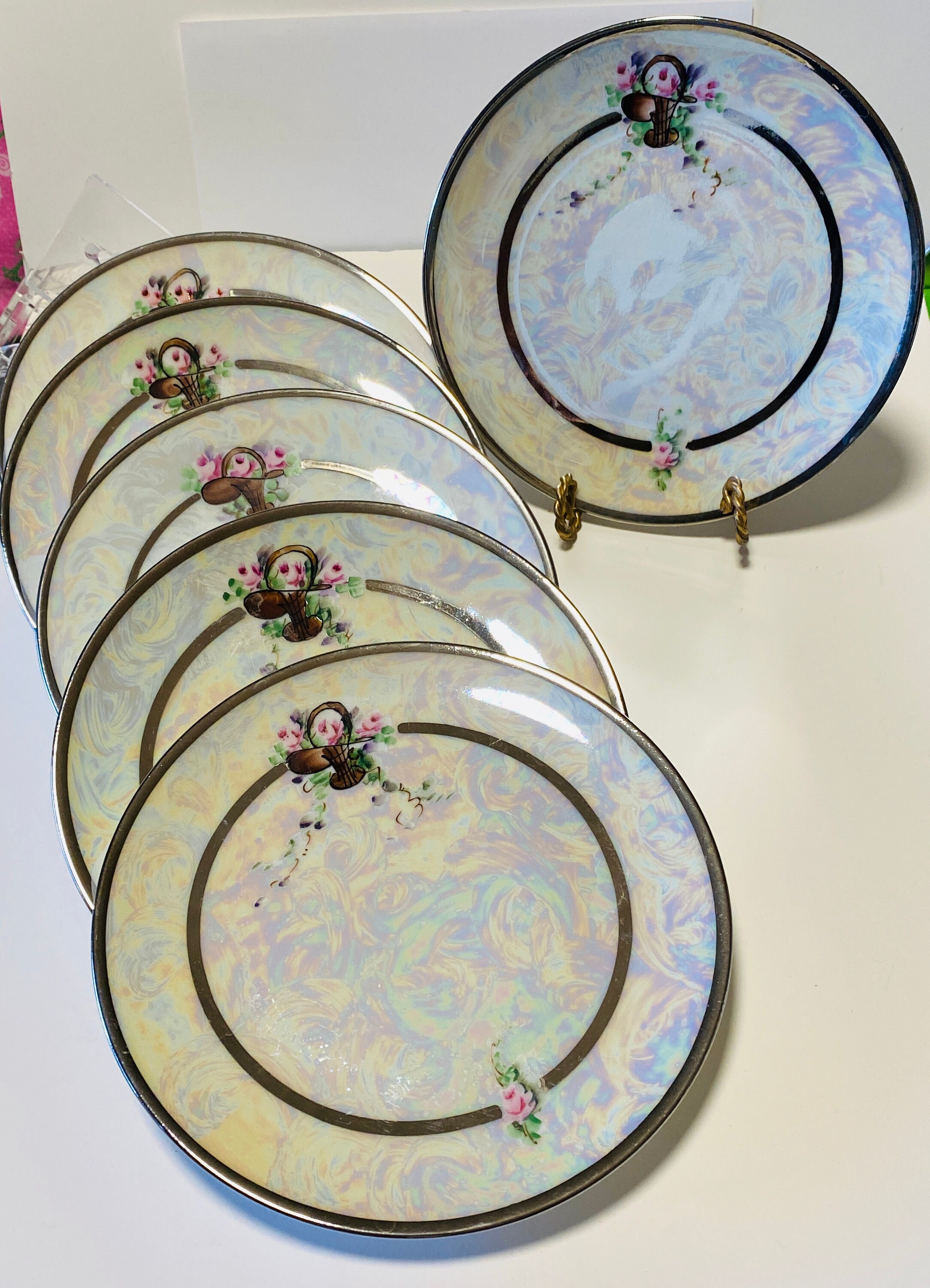 Jorgensen Hand Painted China Plates, Iridescent Luster, Brown Basket ...
