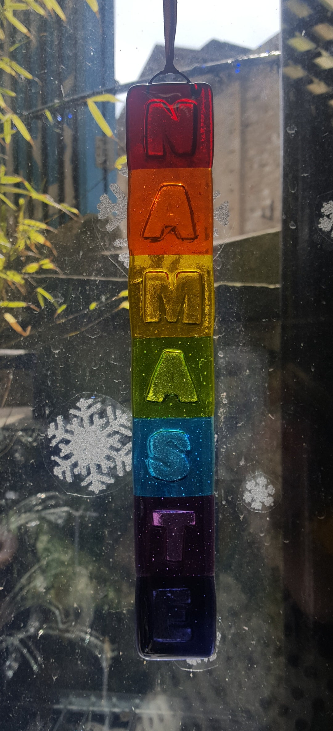 Fused Glass NAMASTE Lightcatcher - Chakra Rainbow Hanger - Wish Stick ...