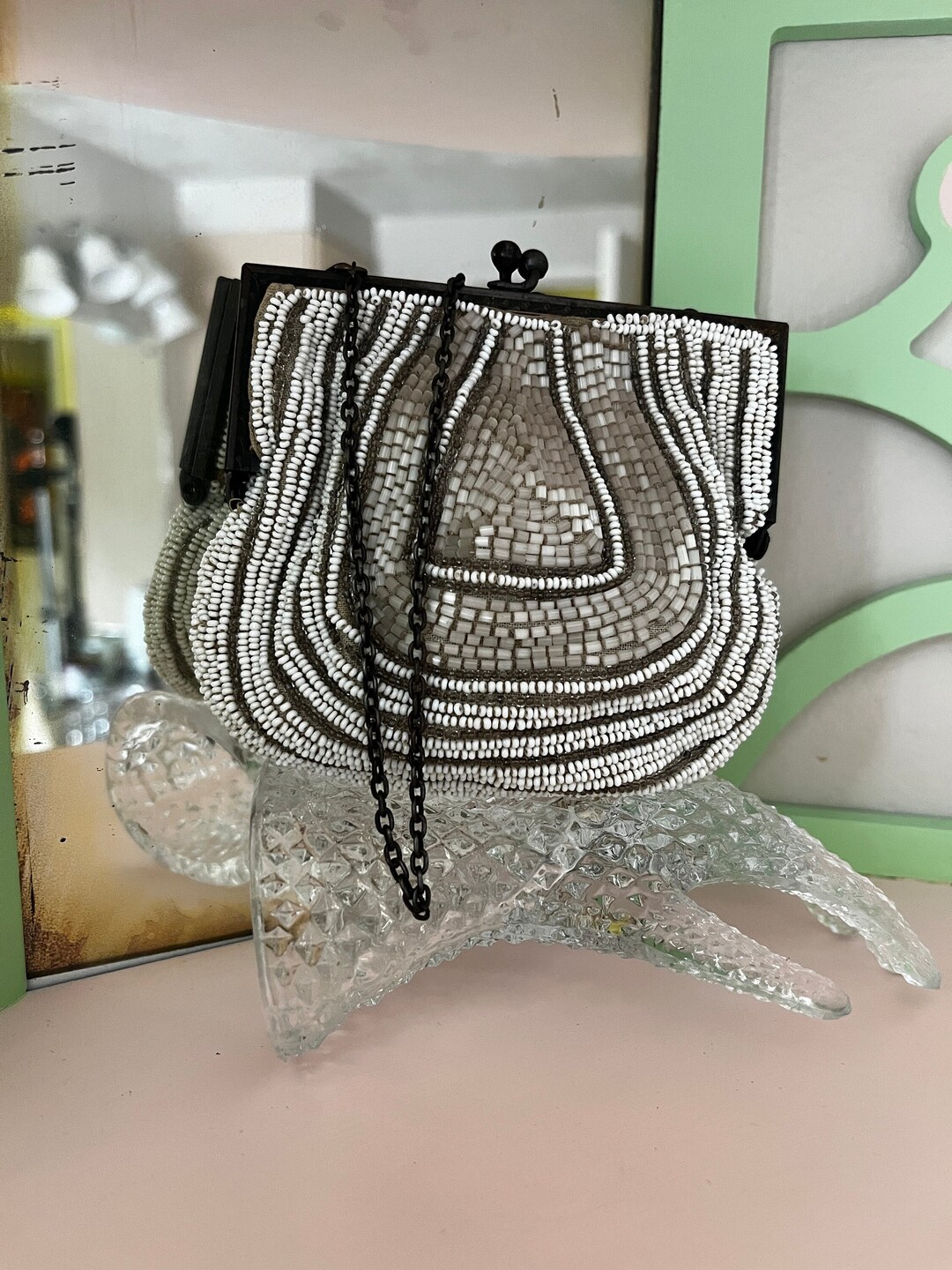 Antique Beaded Coin Purse / Metal Frame / Chain Link / Made in France ...