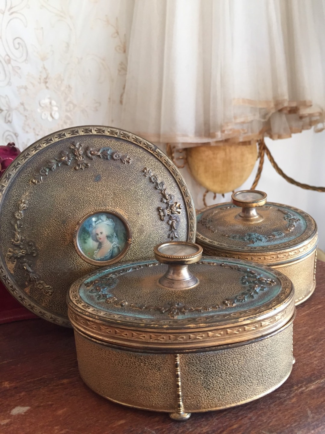 Antique Apollo 3-piece Vanity Set / Beveled Mirror / Lined Keepsake Box ...