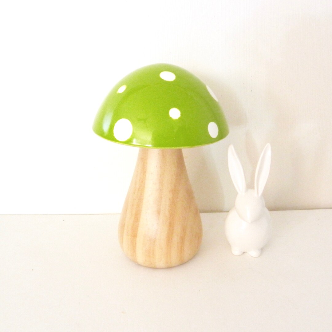 Trippy Toadstool Wooden Mushroom Wood Stem / Lime Green With White Dots ...