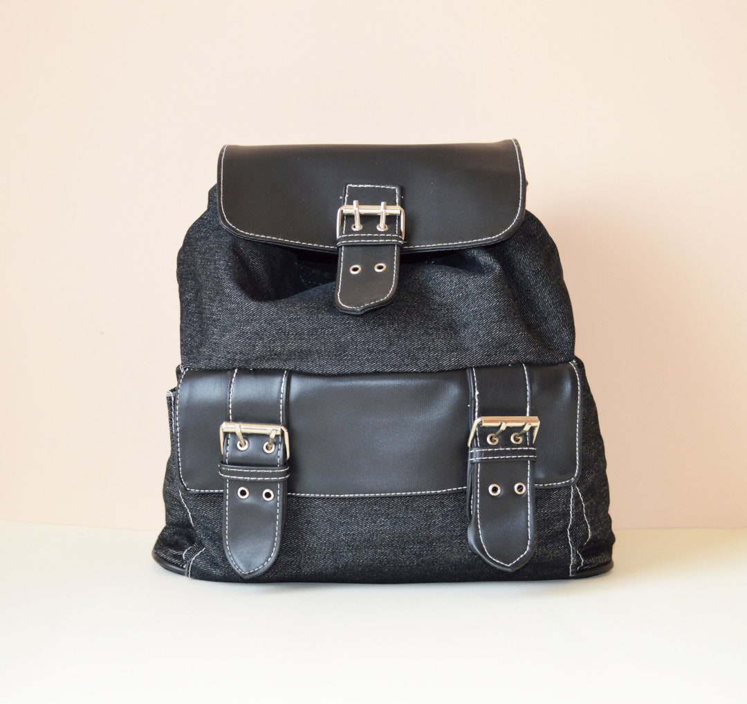 Vintage Dark Denim Look Unique 90s Backpack / Vtg Backpack Faux Leather ...