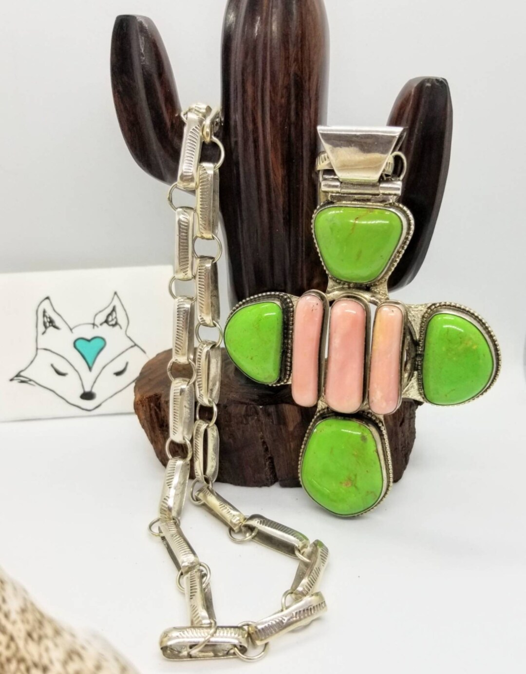 D. Troutman Navajo Silver Creations 4" Gaspeite and Pink Opal Cross ...