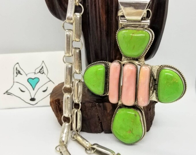 D. Troutman Navajo Silver Creations 4" Gaspeite and Pink Opal Cross ...