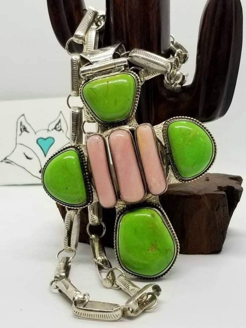 D. Troutman Navajo Silver Creations 4" Gaspeite and Pink Opal Cross ...