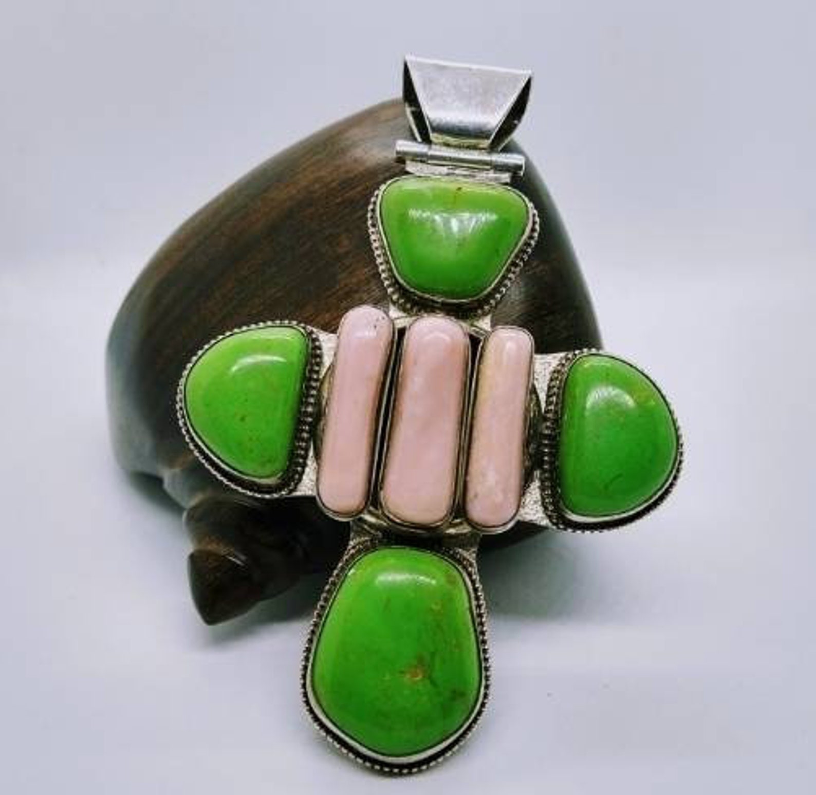 D. Troutman Navajo Silver Creations 4" Gaspeite and Pink Opal Cross ...