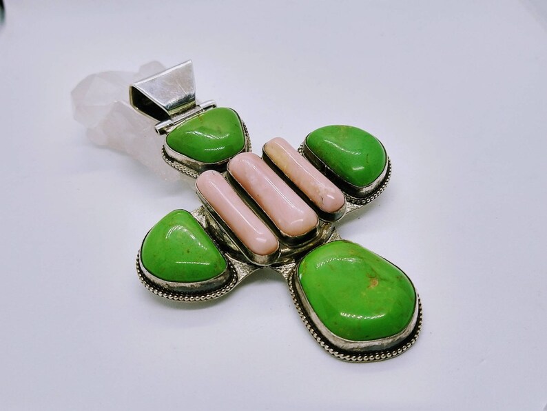 D. Troutman Navajo Silver Creations 4" Gaspeite and Pink Opal Cross ...