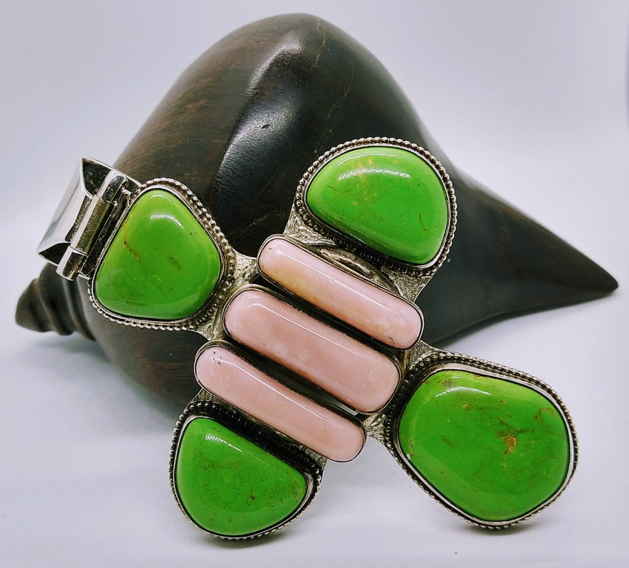 D. Troutman Navajo Silver Creations 4" Gaspeite and Pink Opal Cross ...