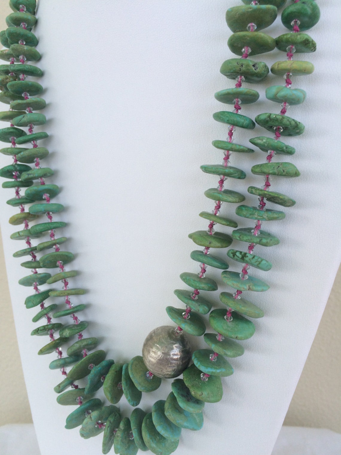 Green Turquoise Necklace, Handknotted in Red Silk, Greenturquoise ...