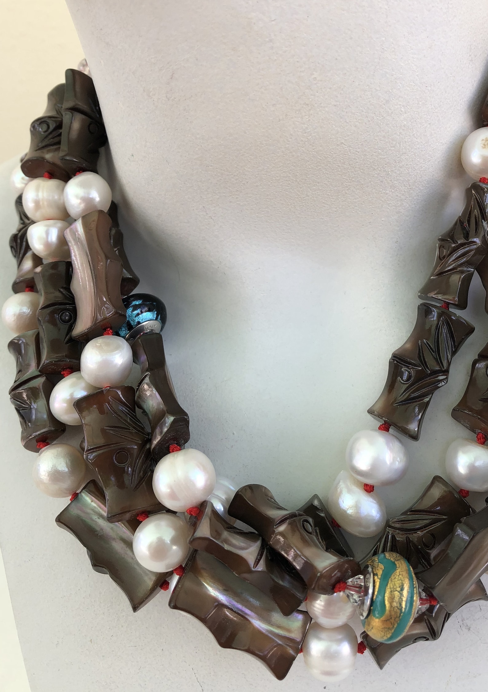 Carved Pearl Necklace, 4 Strands of Hand-knotted, Unique Mother of ...