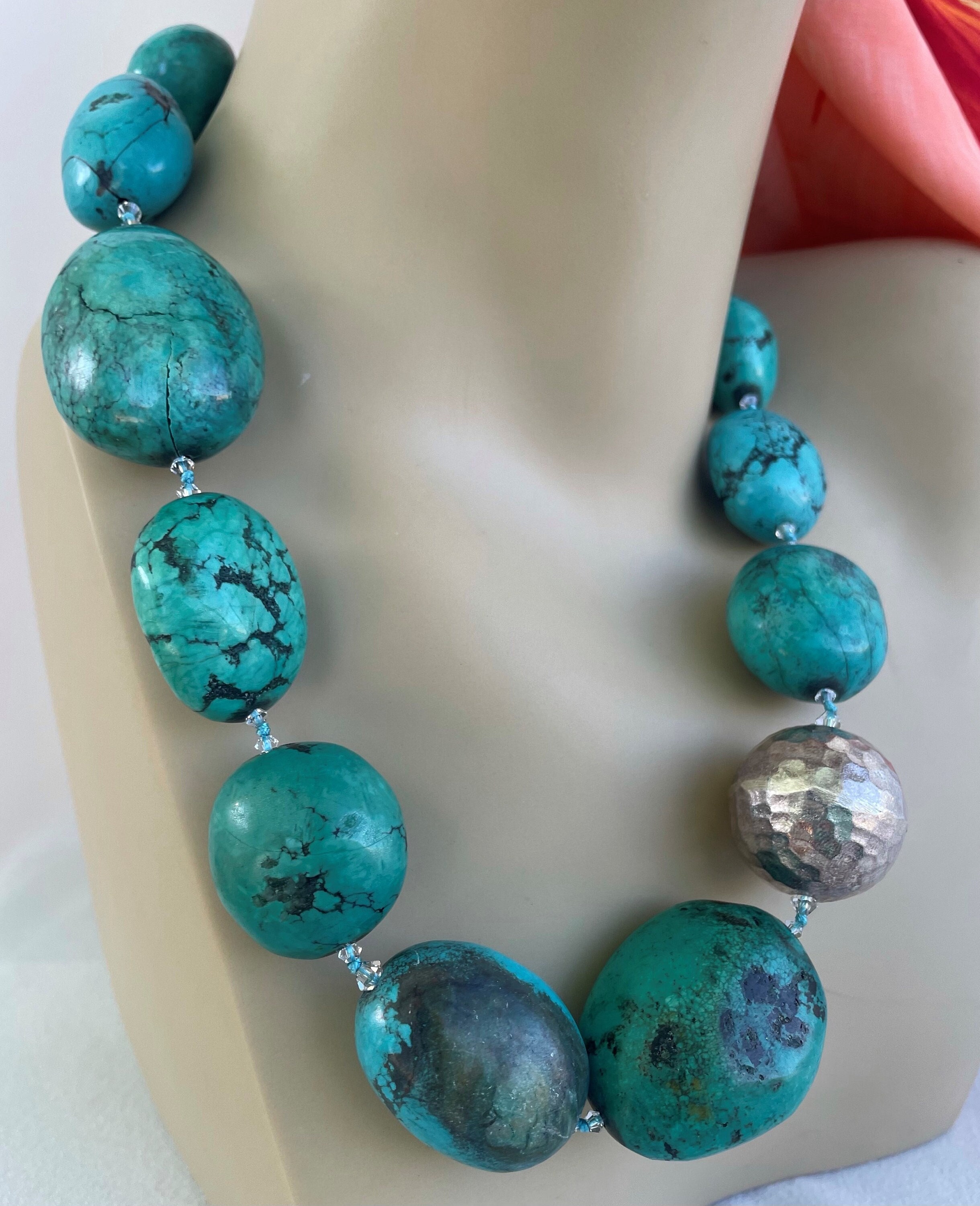 Natural Turquoise Necklace, Handknotted 22 to 30 Mm Turquoise, 10 Mm ...
