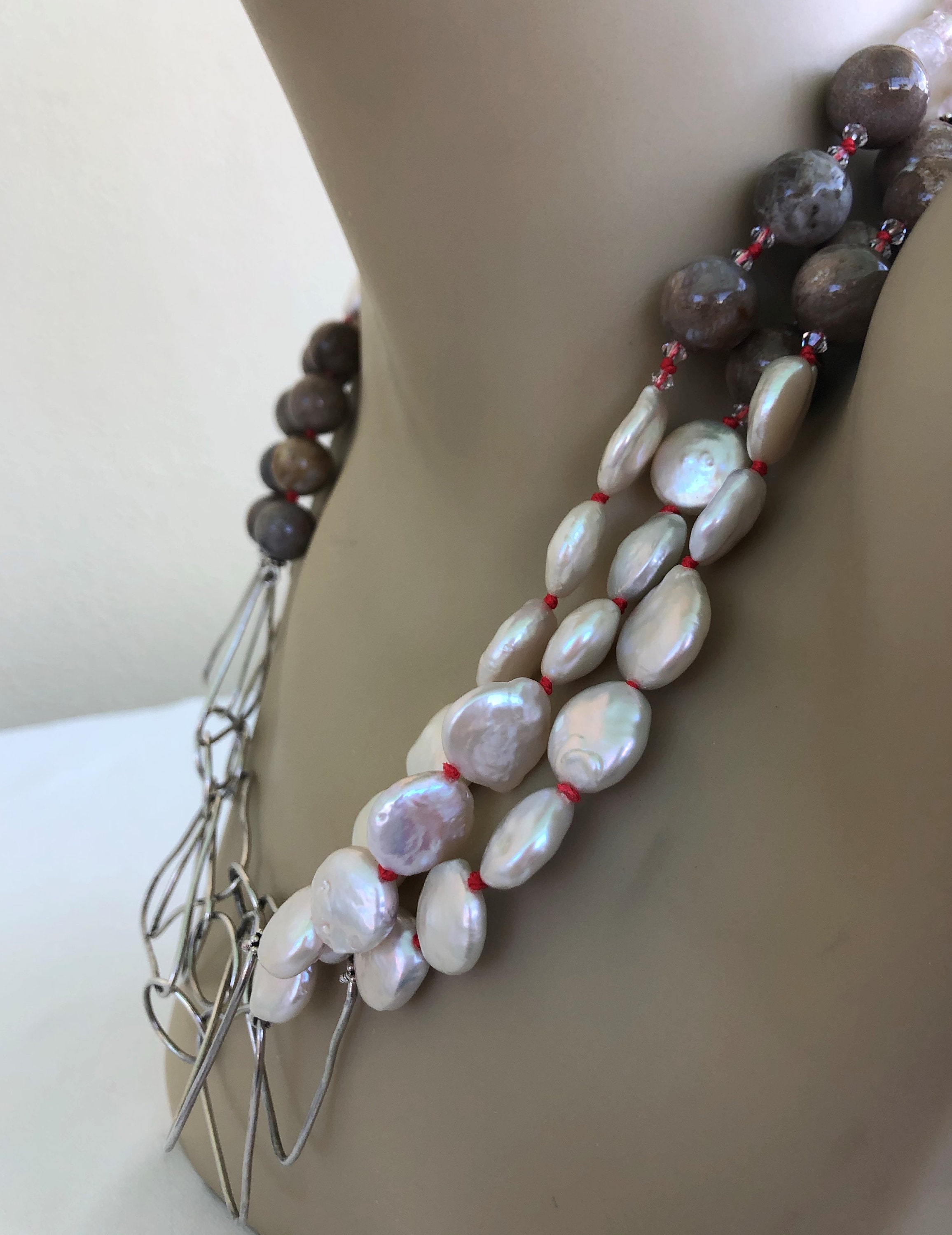 Pearl Fossil Necklace Hand Knotted 10 Mm Fossil Stone 10 - Etsy UK