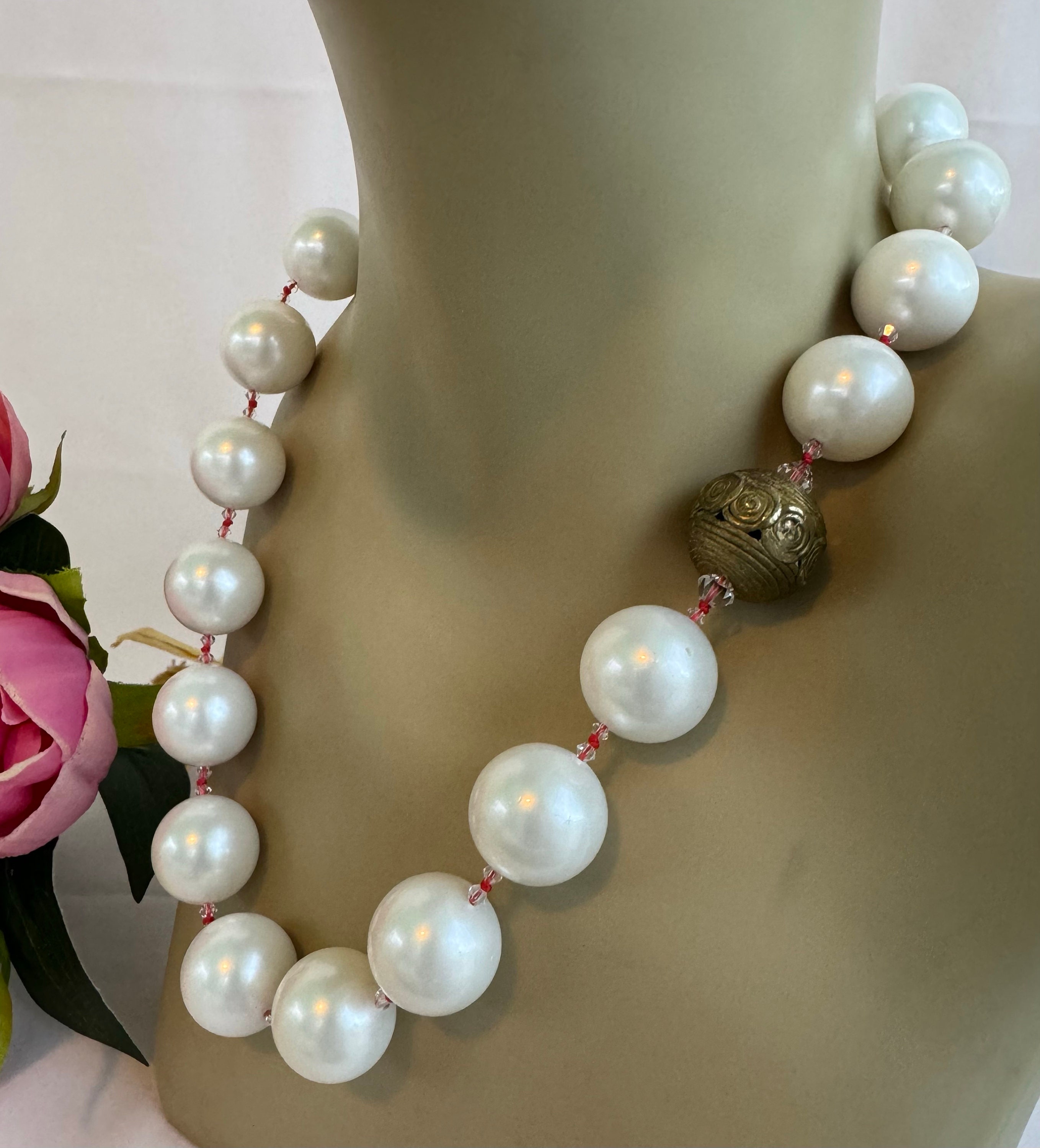 Pearl African Necklace, 20 Mm Shell Pearls Hand Knotted in Red Silk ...