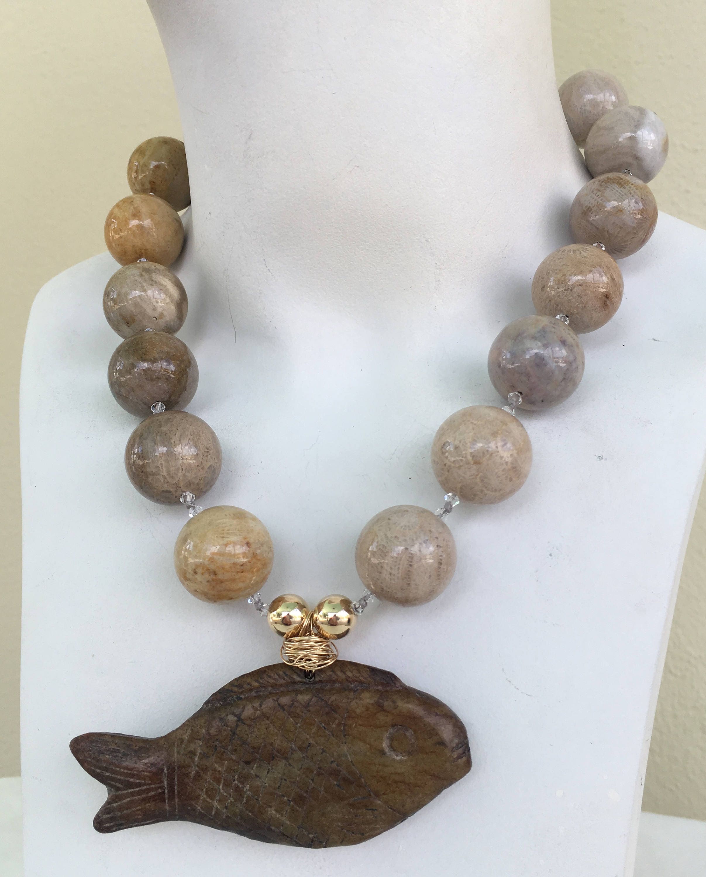 Brown Jade Necklace Hand Knotted 20 Mm Fossil Stone Antique - Etsy
