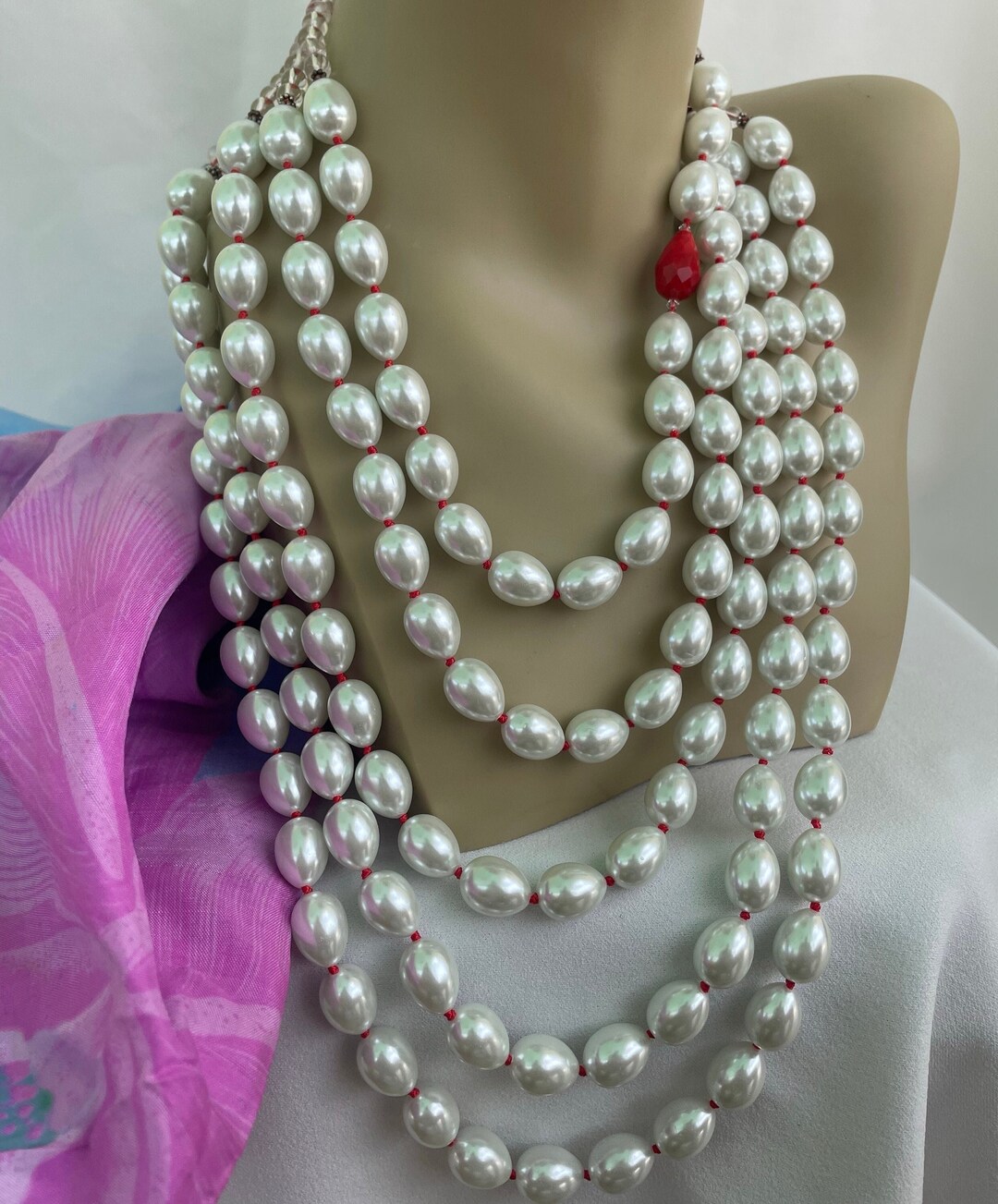 5 Strand, Shell Pearl Necklace, Hand Knotted in Red Silk Thread ...