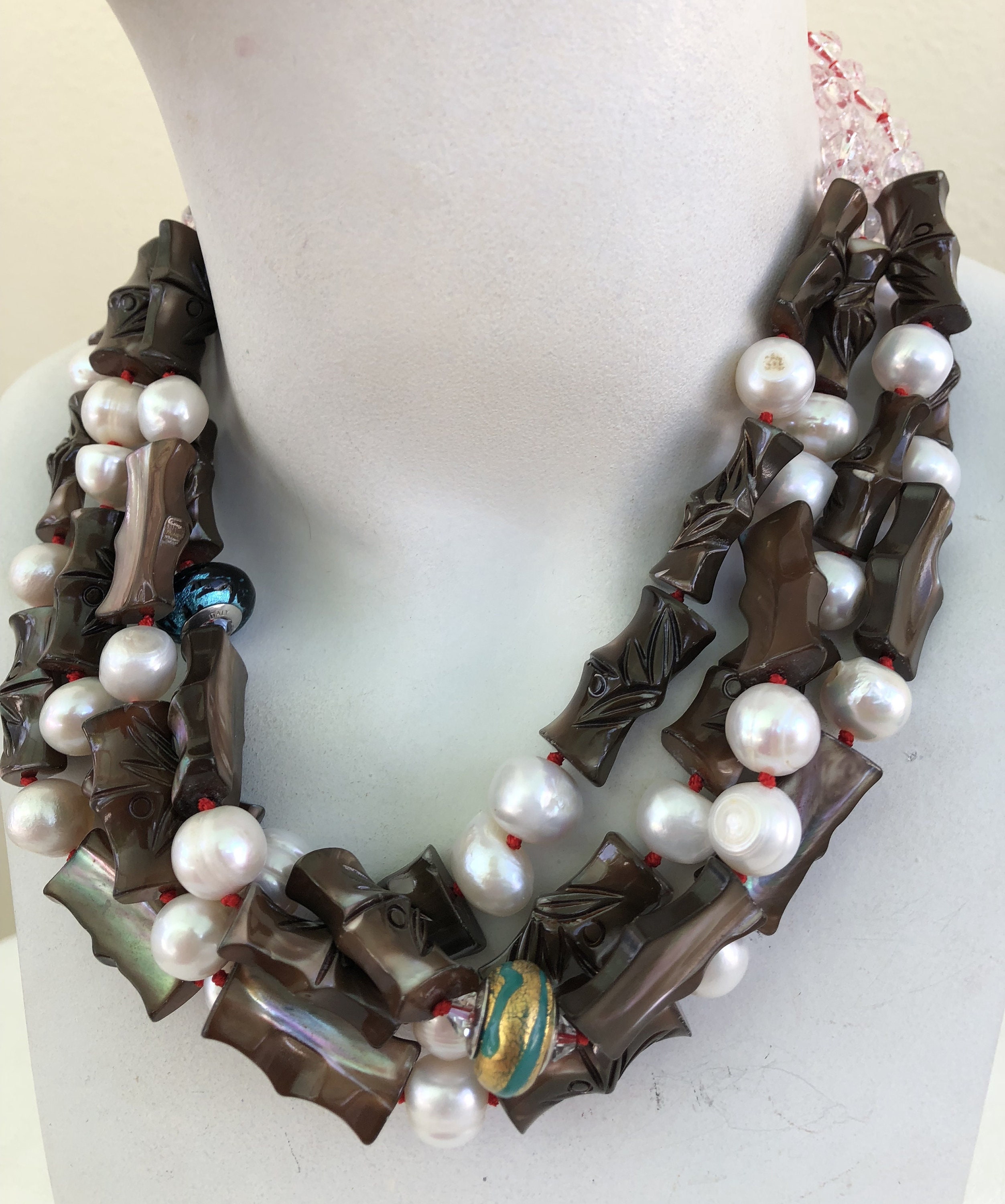 Carved Pearl Necklace, 4 Strands of Hand-knotted, Unique Mother of ...
