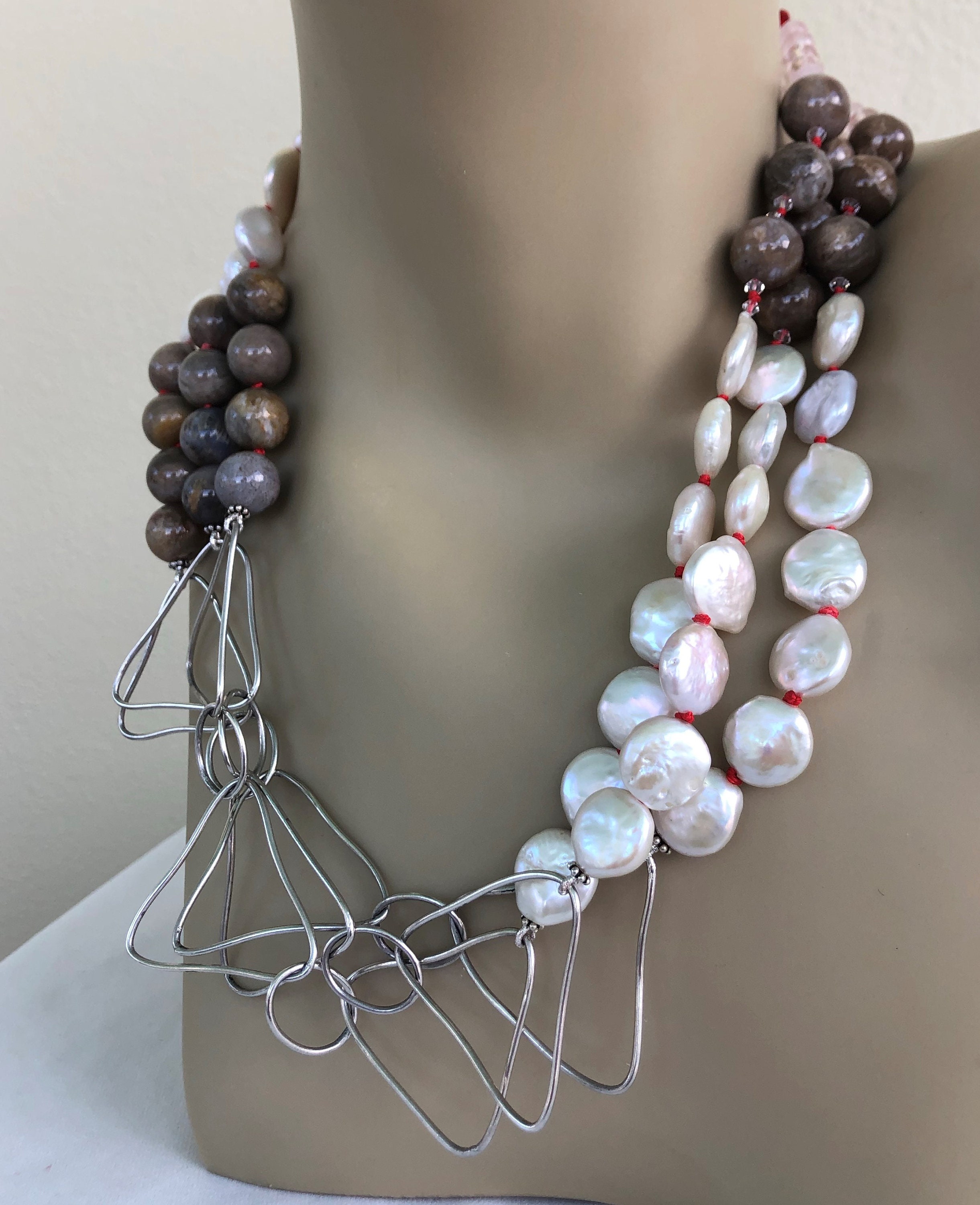 Pearl Fossil Necklace Hand Knotted 10 Mm Fossil Stone 10 - Etsy UK