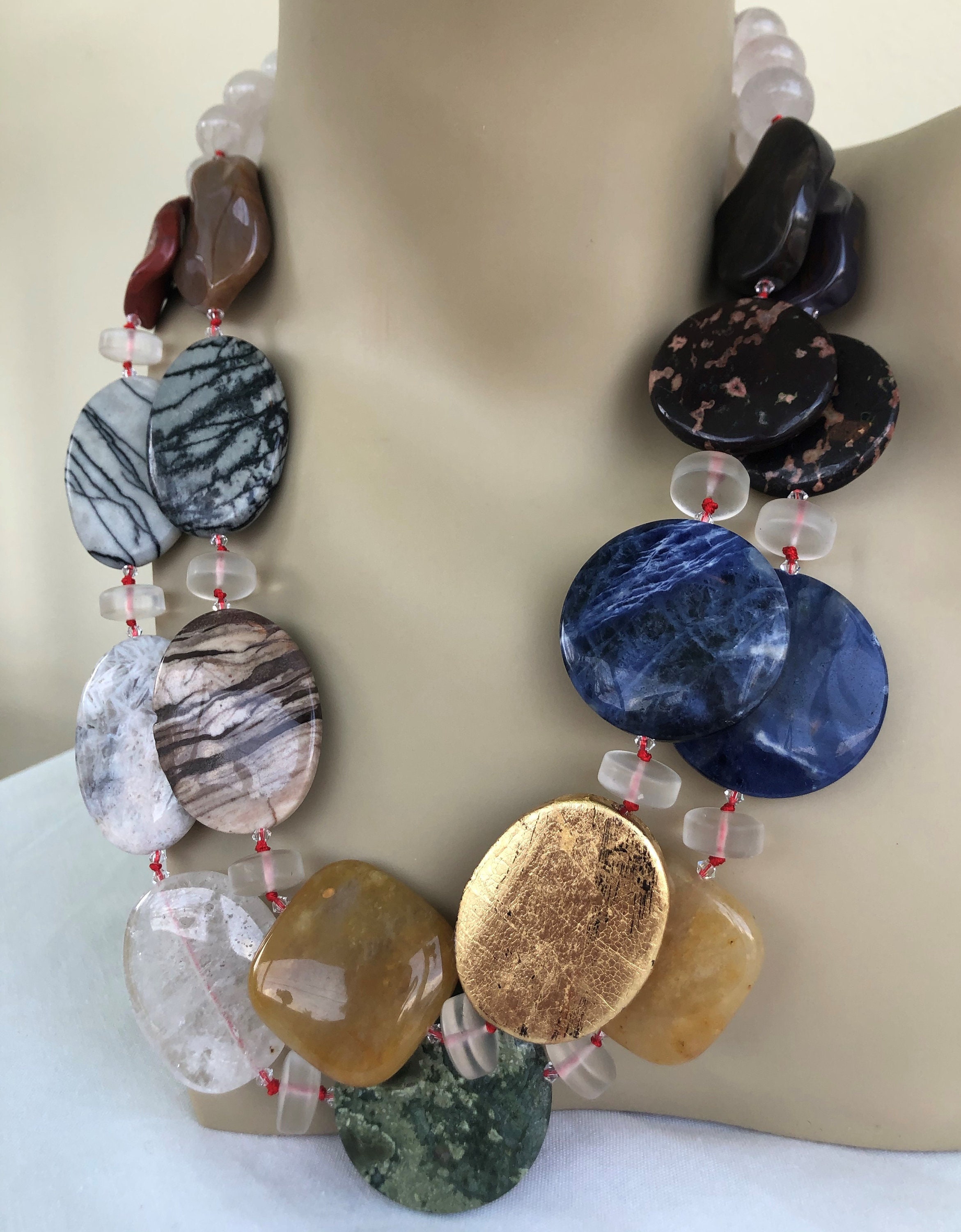 Colorful Jasper Necklace, Hand Knotted in Red Silk Thread, Rock Crystal ...