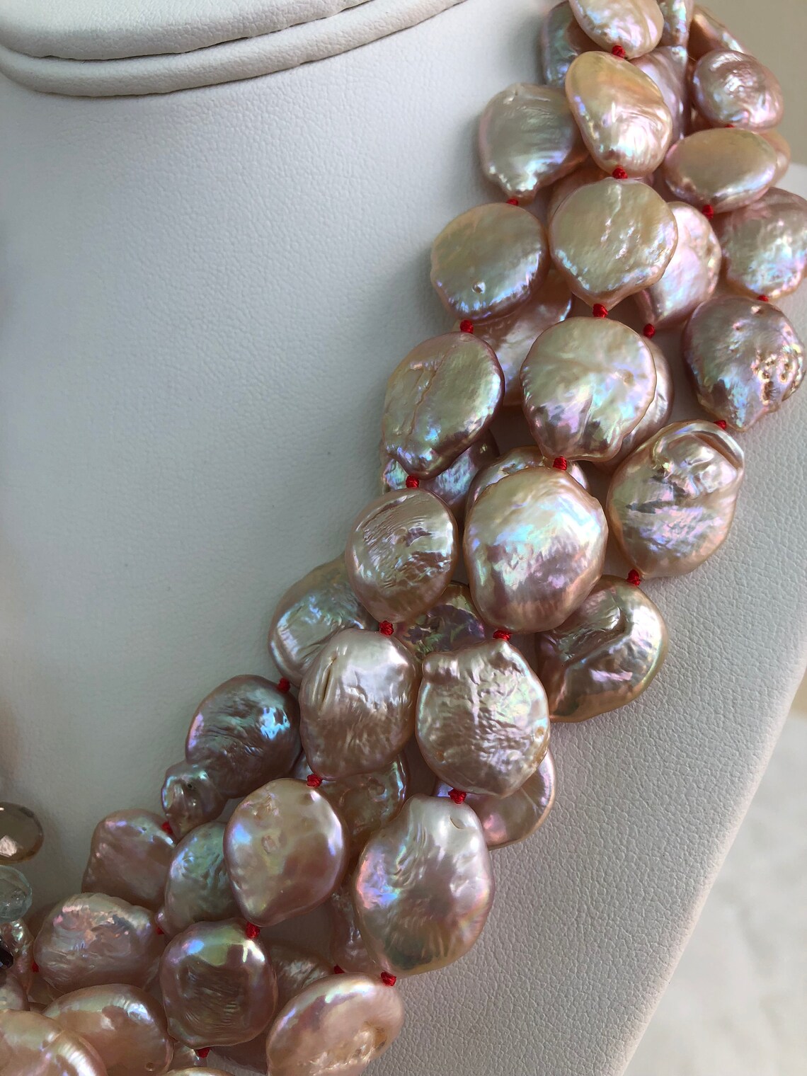 Gem Pearl Necklace, Hand Knotted in Silk, 12 Mm Mauve Coin Pearls, 53 ...