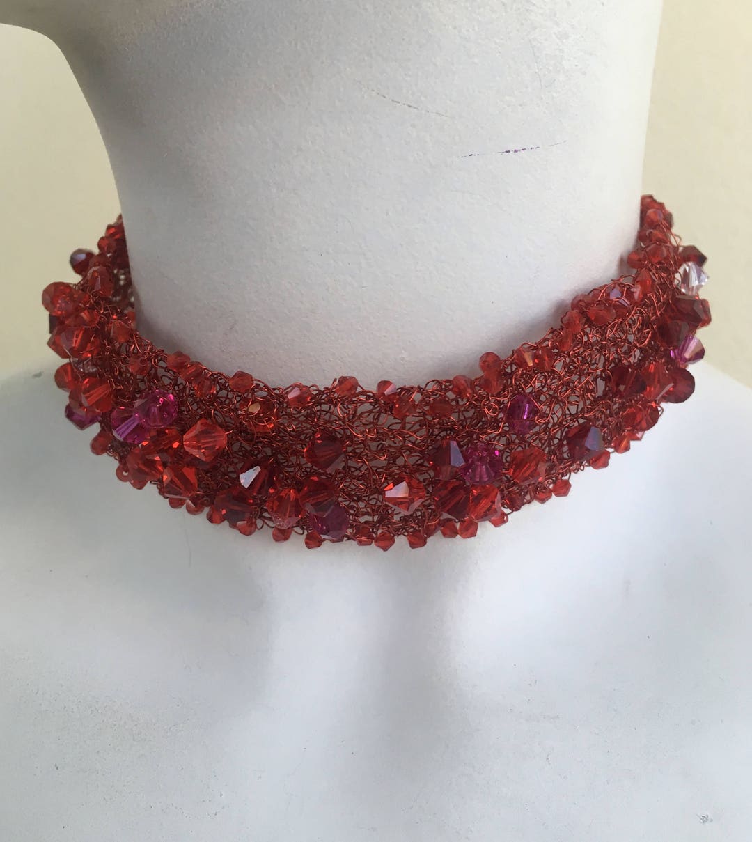 Red Mesh Choker, Woven, Red Enamel Wire Over Copper, Swarovski Crystal ...