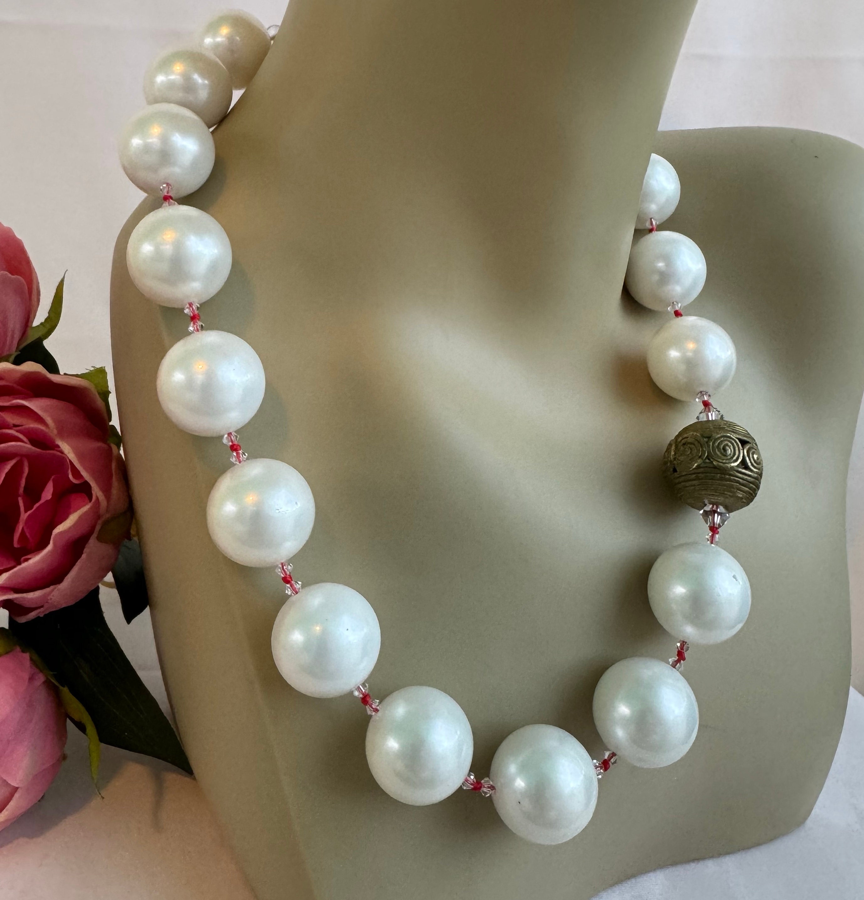Pearl African Necklace, 20 Mm Shell Pearls Hand Knotted in Red Silk ...