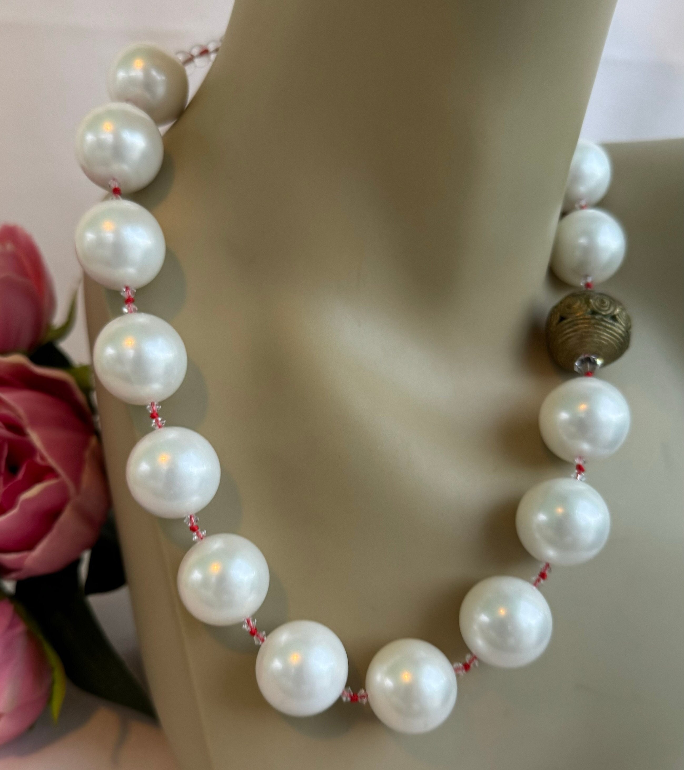 Pearl African Necklace, 20 Mm Shell Pearls Hand Knotted in Red Silk ...
