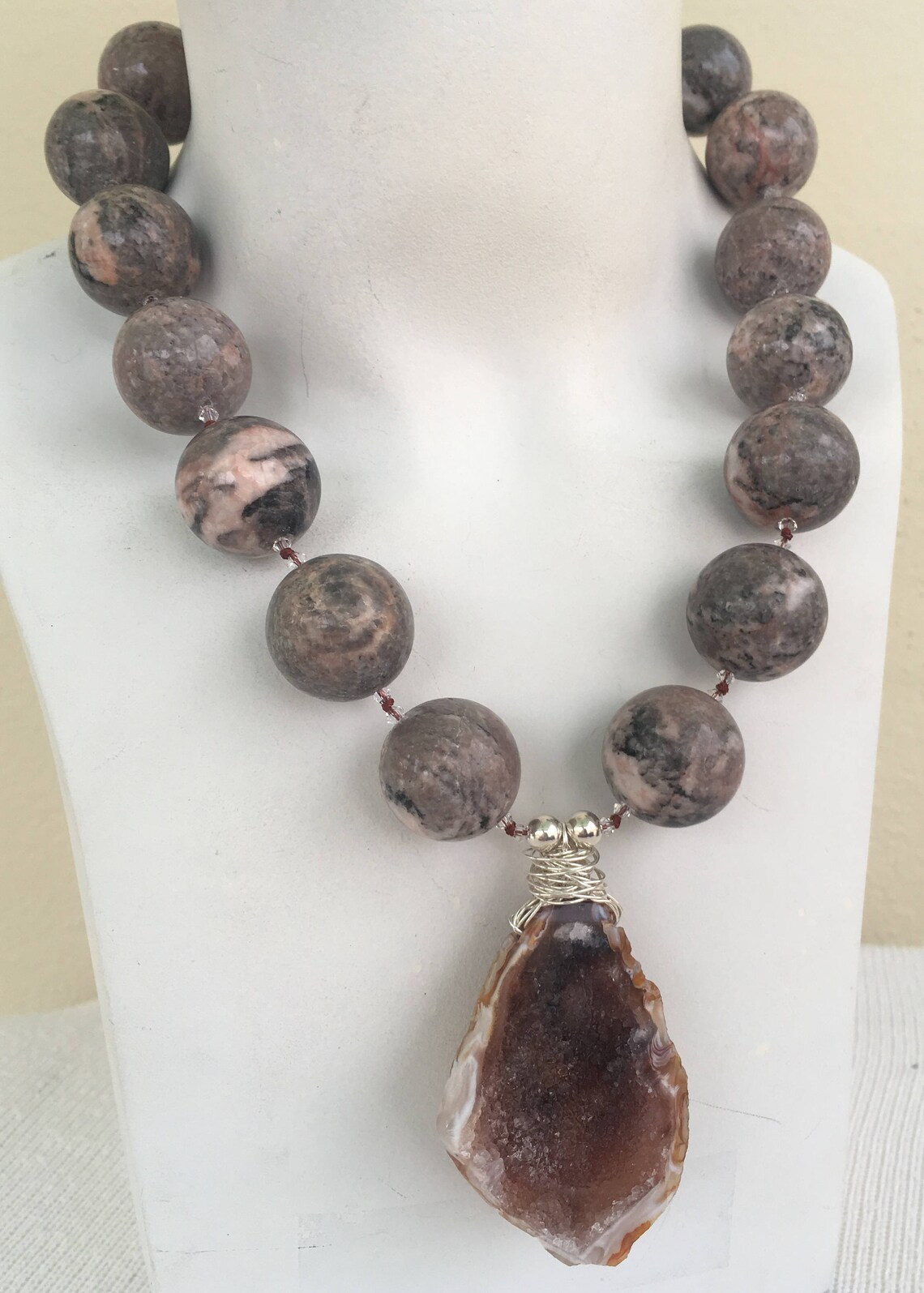 Opal Geode Necklace, Hand Knotted, Pink Opal, Natural Geode Pendant, 3 ...