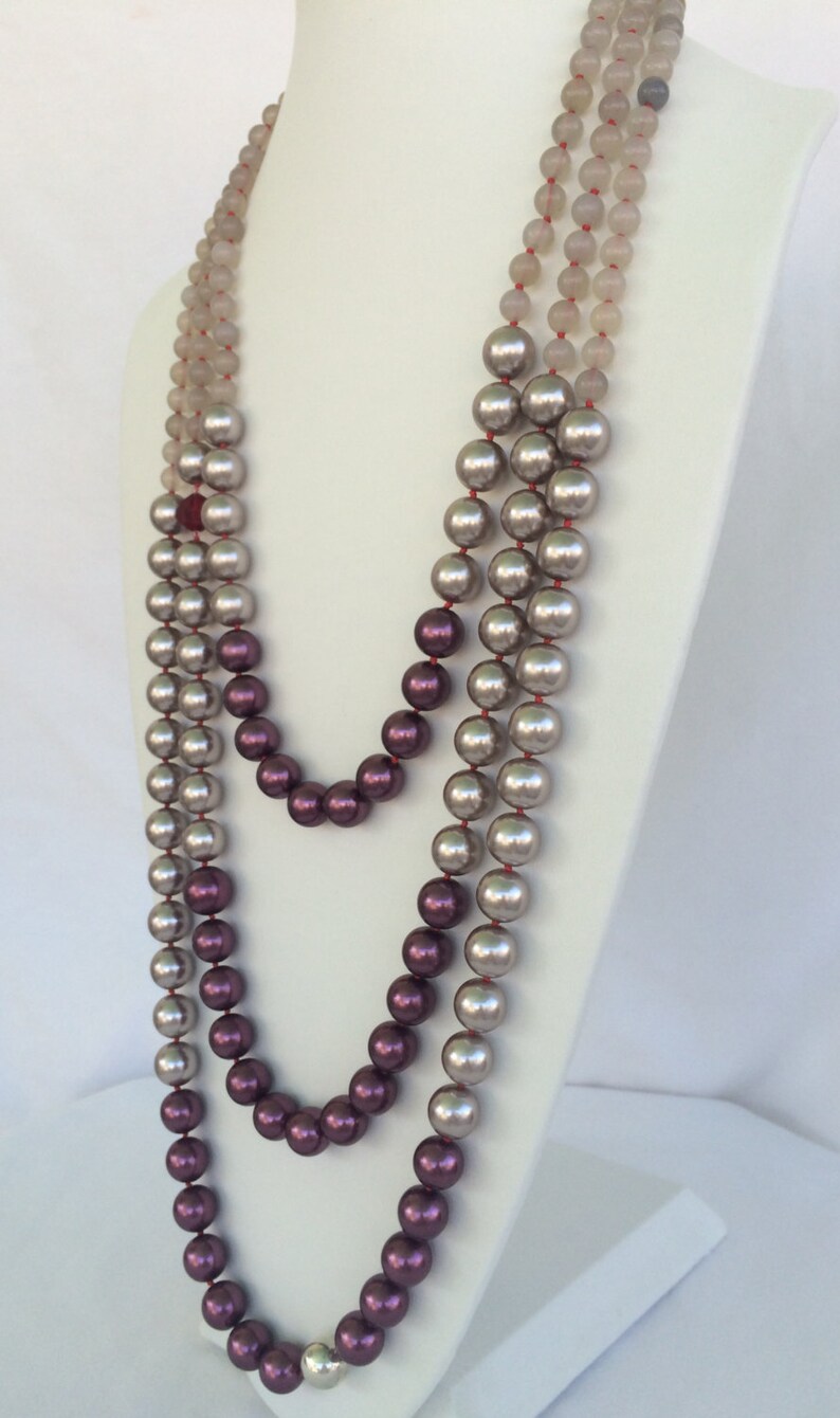 Grey Wine Pearls Triple Strand Hand Knotted in Silk 12 Mm | Etsy
