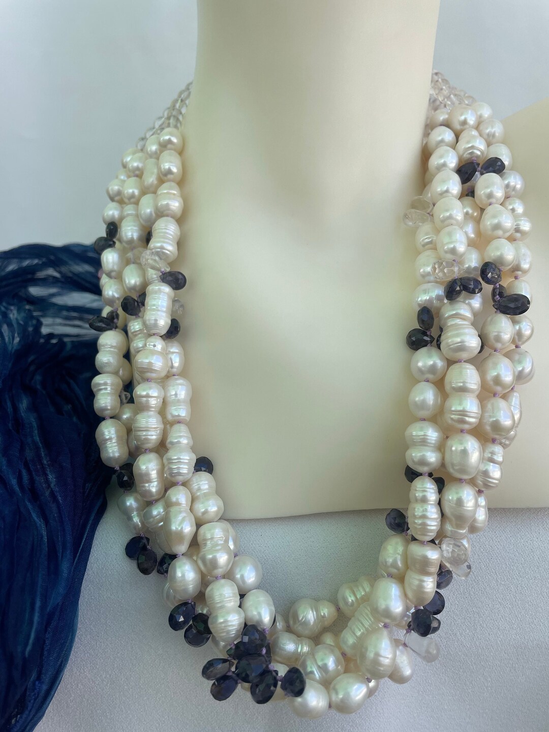 Pearl Iolite Necklace, Hand Knotted in Silk Thread, Freeform, Fresh ...
