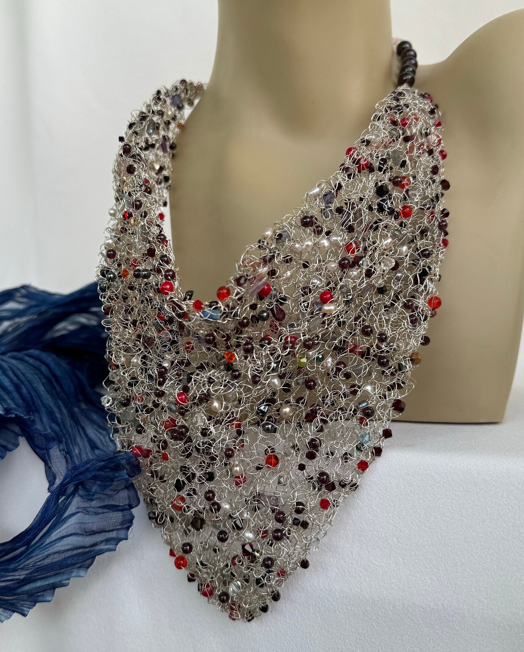Mesh Bib Necklace, Sculpted and Woven Sterling Over Copper Wire ...