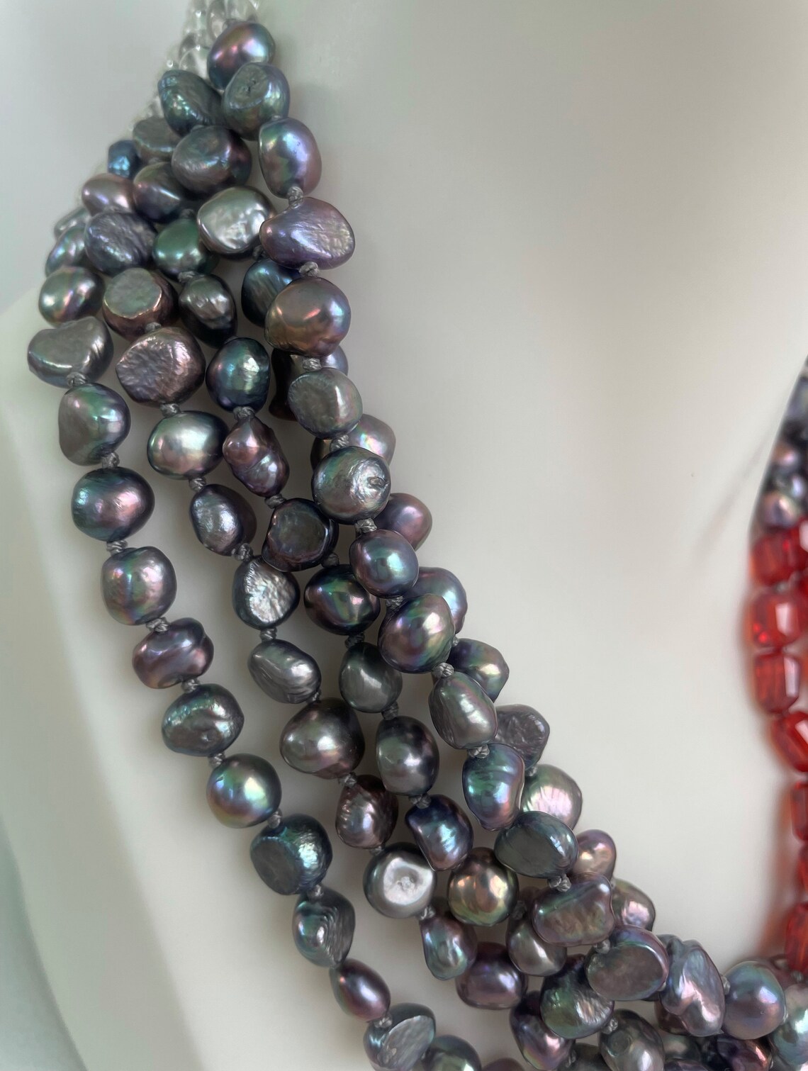 Grey Pearls Red Zircon Hand Knotted in Silk Thread Five - Etsy