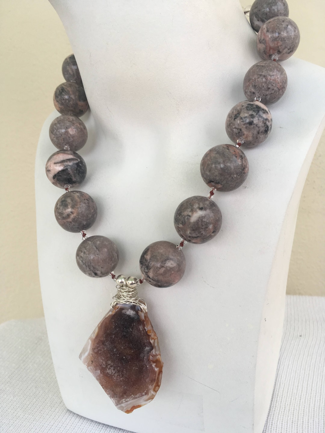 Opal Geode Necklace, Hand Knotted, Pink Opal, Natural Geode Pendant, 3 ...