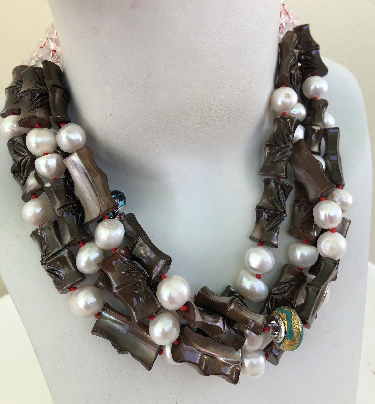 Carved Pearl Necklace, 4 Strands of Hand-knotted, Unique Mother of ...
